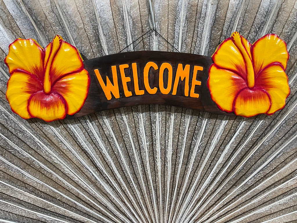 NEW Balinese Timber Hand Crafted Hibiscus WELCOME Sign - Bali Welcome ...