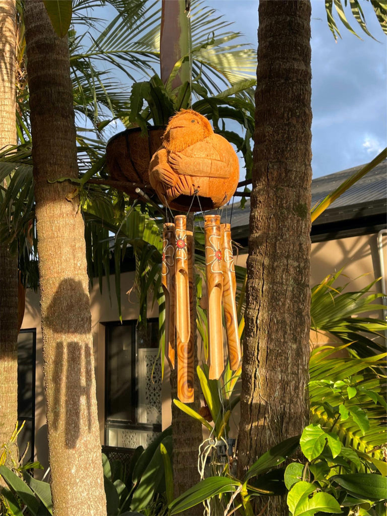 NEW Balinese Carved Coconut Monkey / Bamboo Wind Chime - Monkey Windch ...