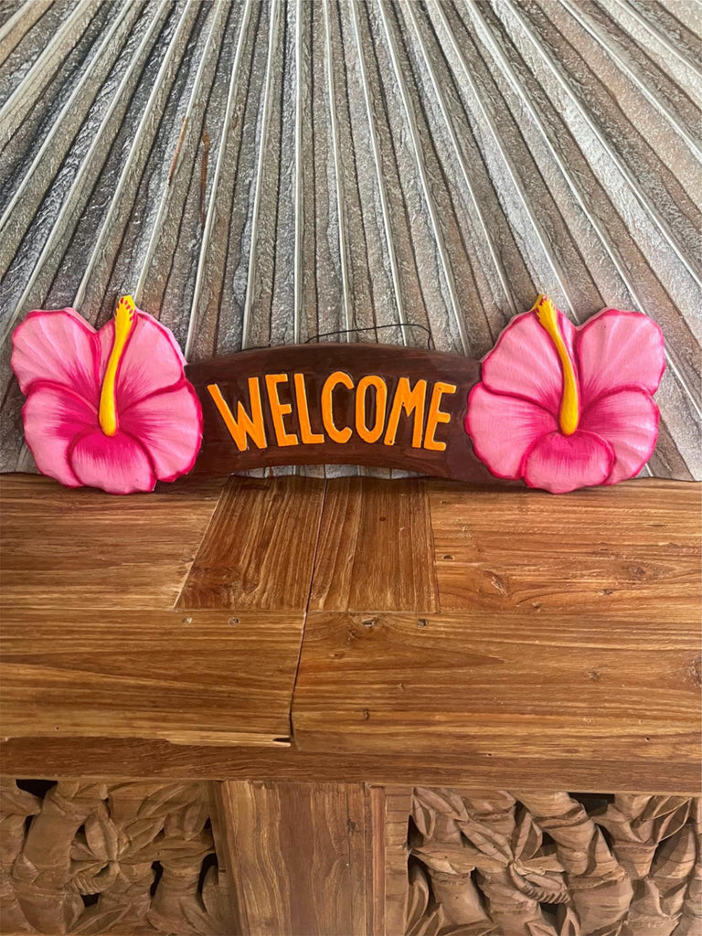 NEW Balinese Timber Hand Crafted Hibiscus WELCOME Sign - Bali Welcome ...